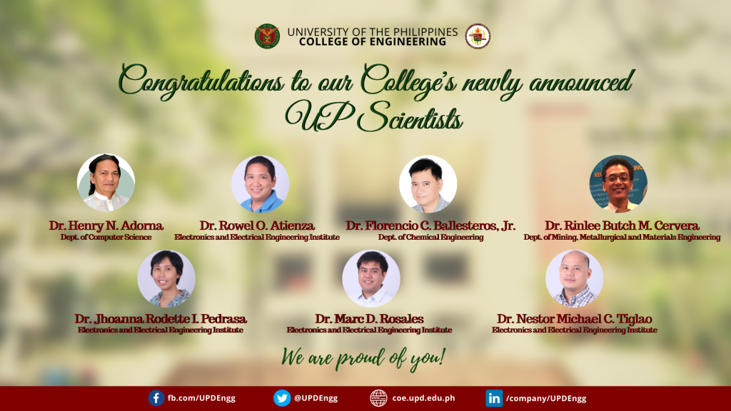 7 UP CoE Professors Announced as UP Scientists – UPD College of Engineering