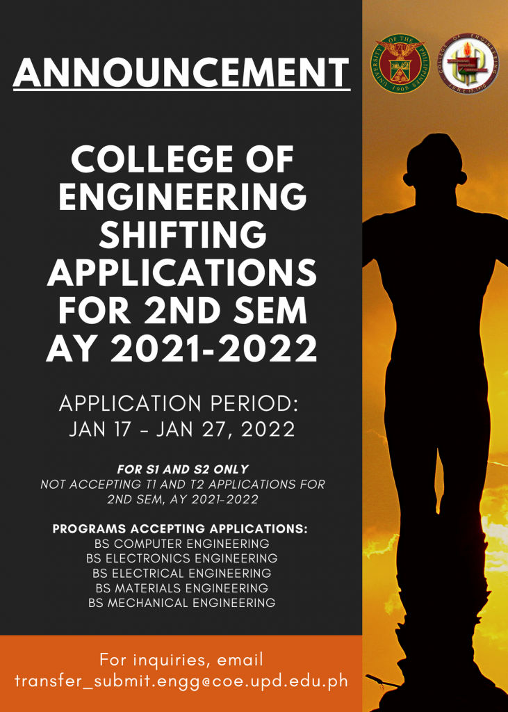 UP CoE SHIFTING/TRANSFER AY 2ND SEM 2021-2022 – UPD College of Engineering