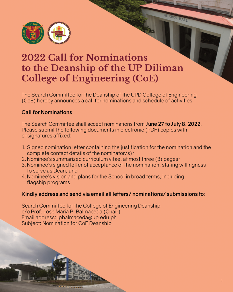 Call for Nominations – Deanship of UP Diliman College of Engineering ...