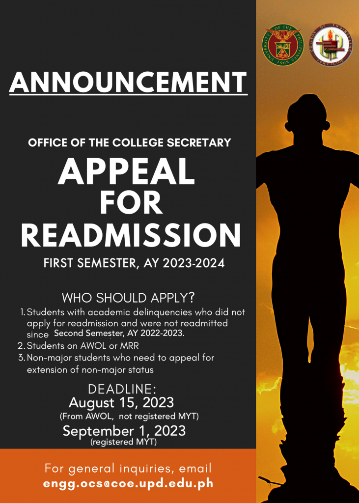 Appeals for Readmission for the First Semester AY 2023-2024 – UPD College of Engineering